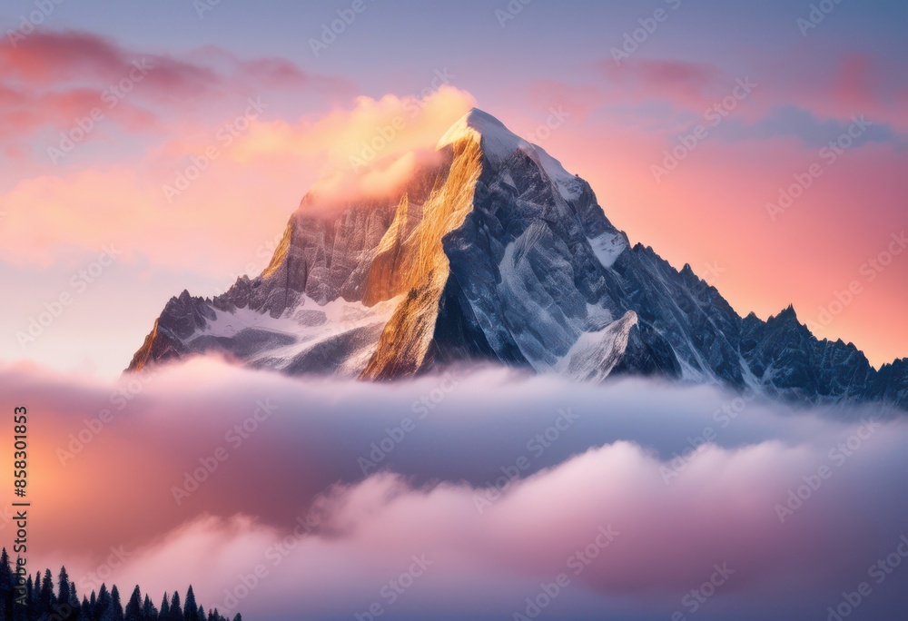 majestic mountain peak rising above clouds sky, towering, summit, high, elevation, atmospheric ...