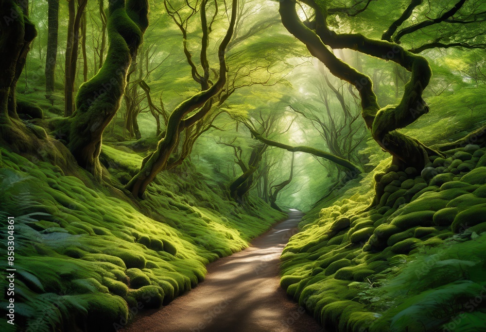 curving road through dense serpentine path woodland landscape, forest ...