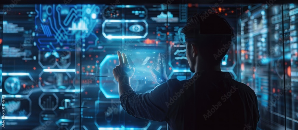 Professional cyber security at work in control room and multiple ...