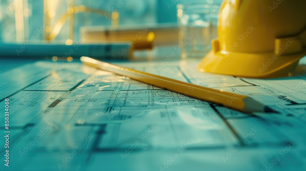 Detailed blueprint floor plan on a table, with a vibrant yellow helmet ...