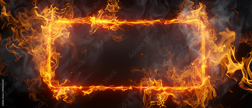 Empty Fire flames border isolated on black background ,Fiery yellow red ...
