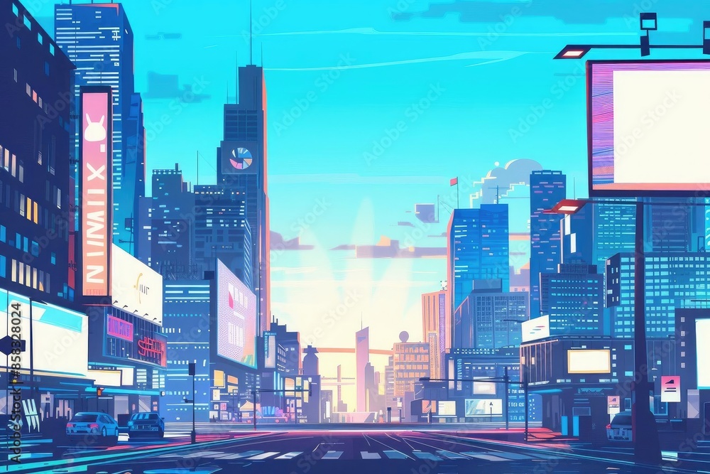 Animated cityscape with tall buildings, bright billboards, and a clear ...