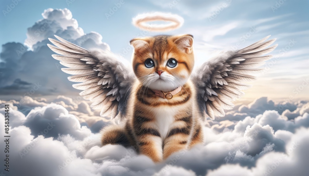 Angelic Kitten in Heaven - A cute kitten with wings and a halo sits ...