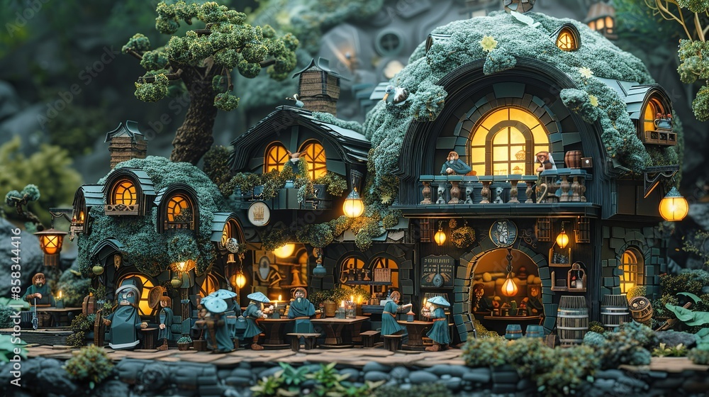 Paper craft fantasy tavern bustling with adventurers and mythical ...