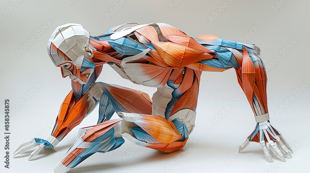 A detailed paper craft model of the human muscle system, showcasing ...