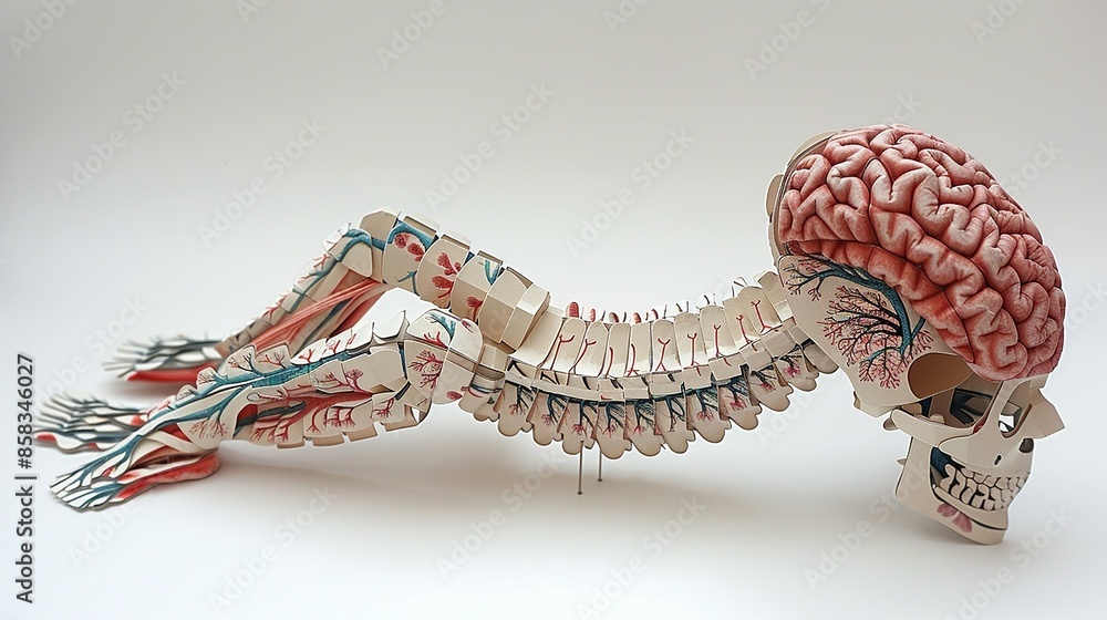A detailed paper craft model of the human nervous system, highlighting ...