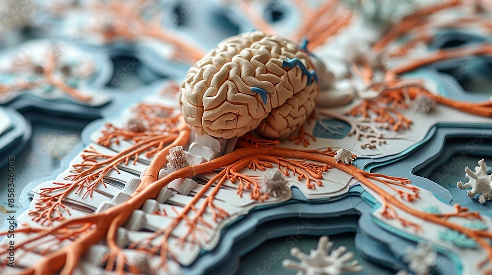 A detailed paper craft model of the human nervous system, highlighting ...