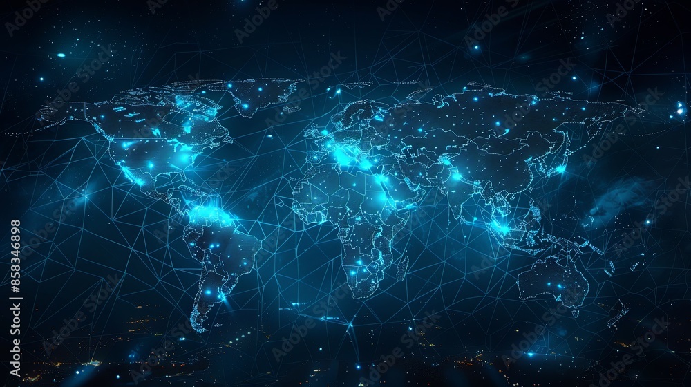 An illuminated world map featuring glowing points and lines representing global digital ...