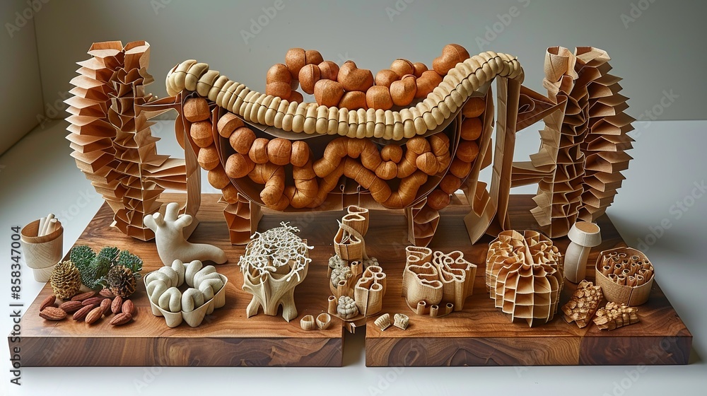 An elaborate paper craft model of the human digestive system, depicting ...