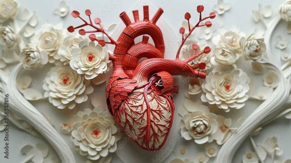 An intricately designed paper craft model of the human cardiovascular ...