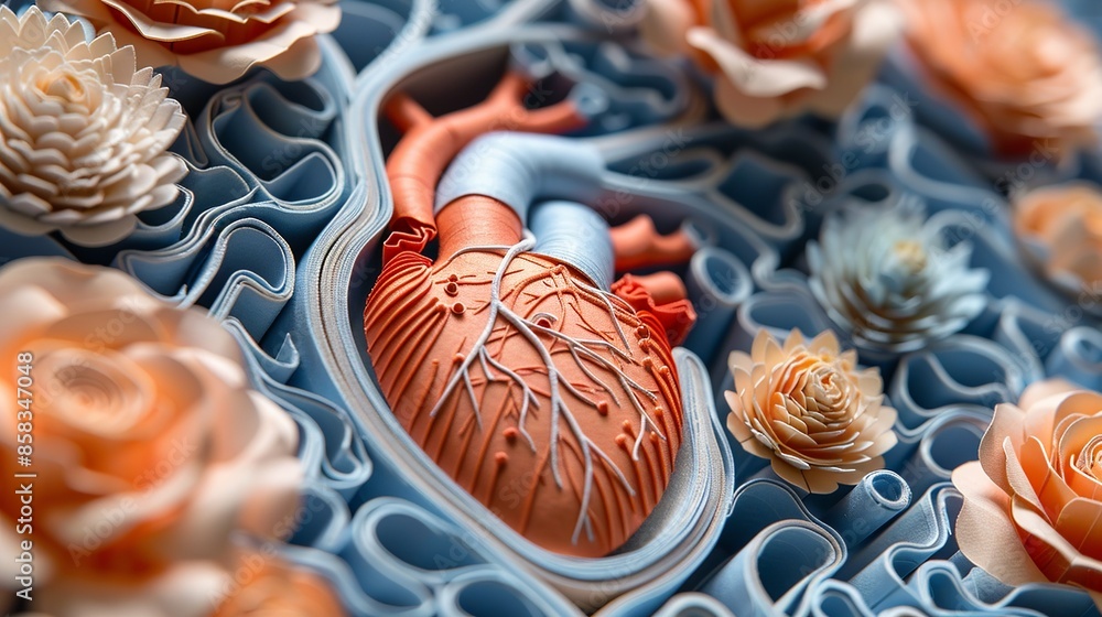 An intricately designed paper craft model of the human cardiovascular ...