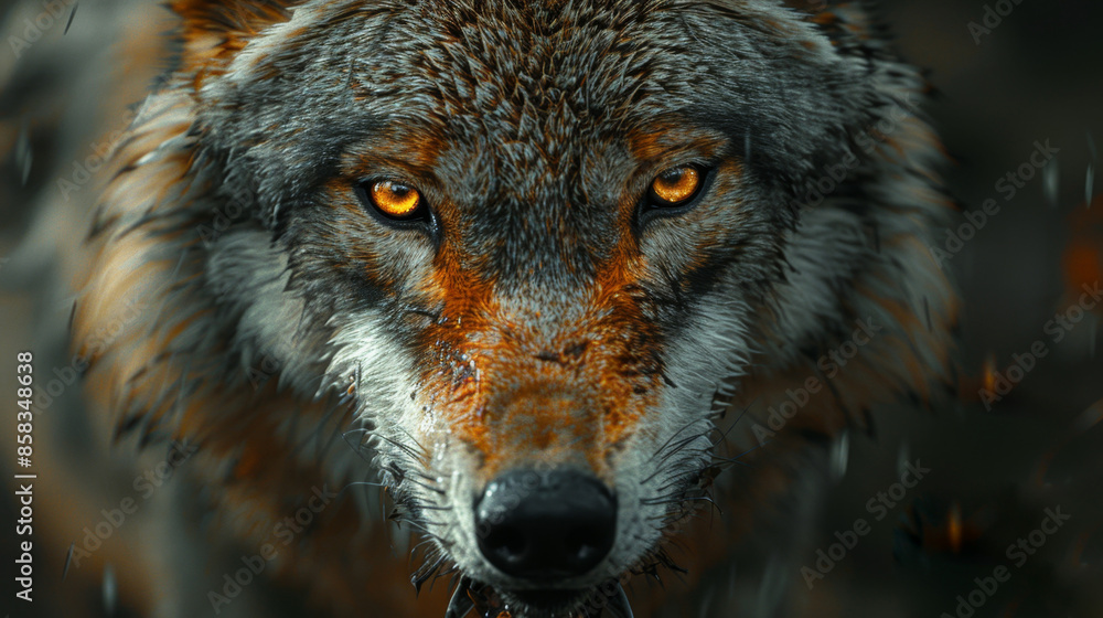 hungry big gray wolf looks at the camera while in the forest, the wolf ...