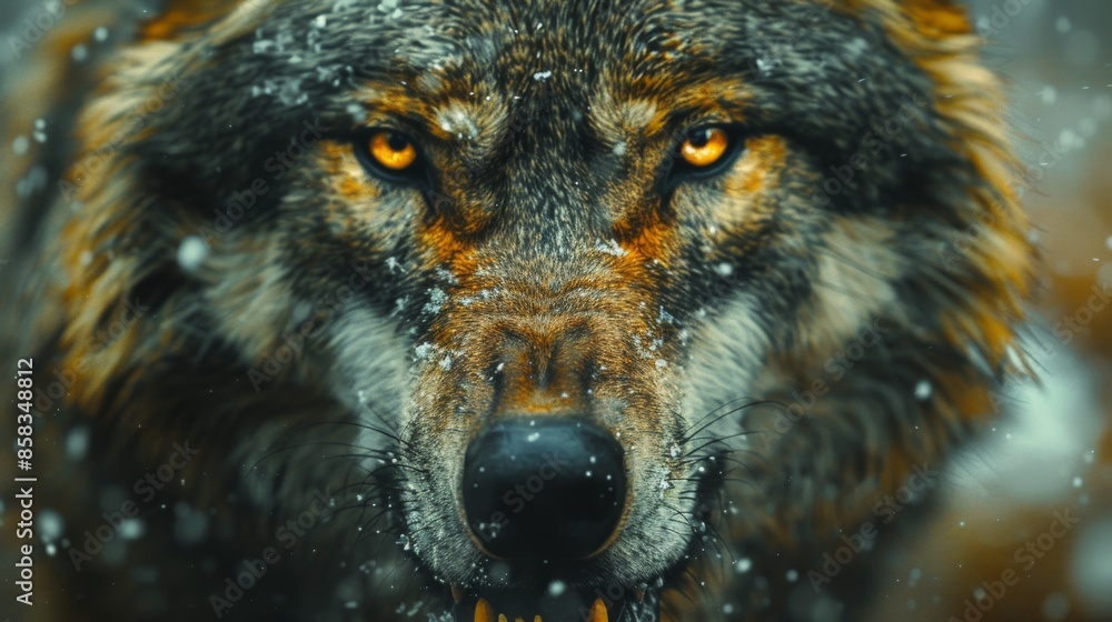 hungry big gray wolf looks at the camera while in the forest, the wolf ...