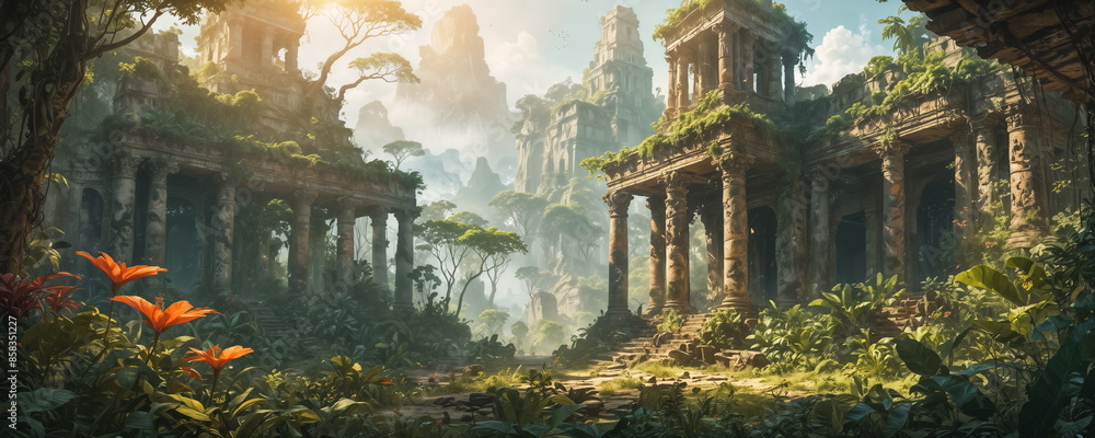 Digital art of ancient ruins covered in overgrown greenery. Stone ...