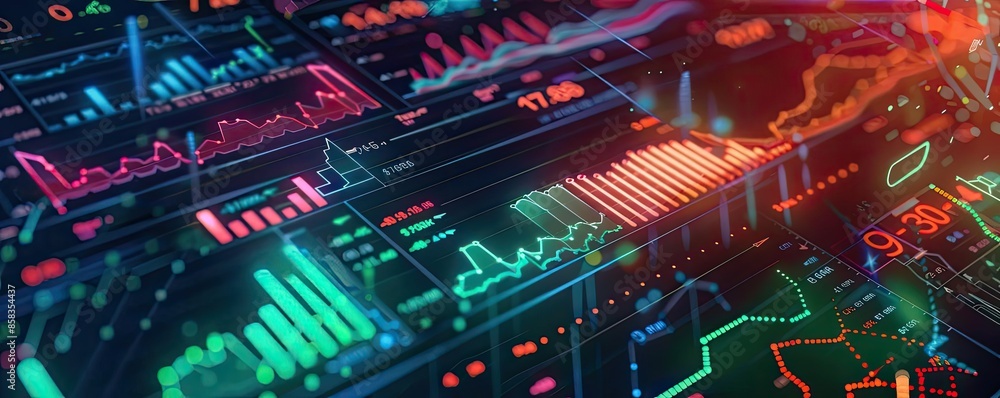 Colorful data analytics dashboard showing various charts, graphs, and metrics for digital data ...