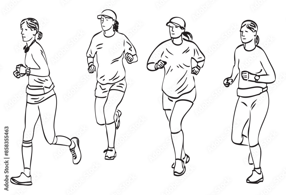 Group of casual young city women on wellness jogging outdoors ...