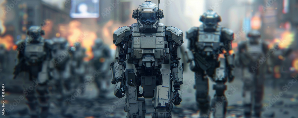 Futuristic robot army marching through a dystopian cityscape with dramatic lighting, fire, and a ...