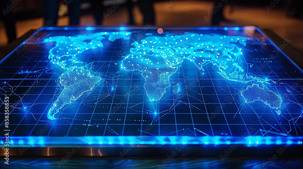 This interactive digital map features a world map outlined with glowing ...