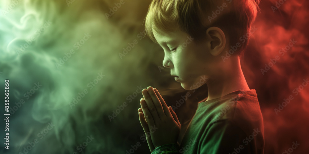 Profile of a cute boy praying. Unique prayer concept with a fantasy ...