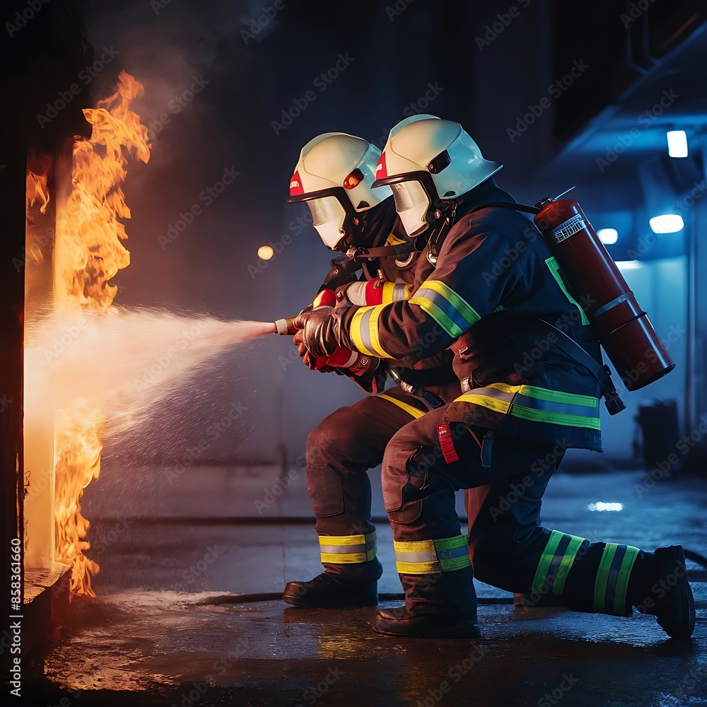 firefighters fighting fire in the fire, firefighters with extinguisher ...