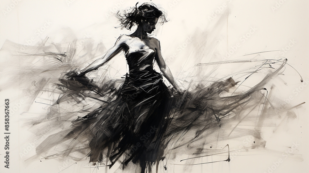 wide entertainment banner, black and white illustration charcoal pencil sketch drawing of women ...
