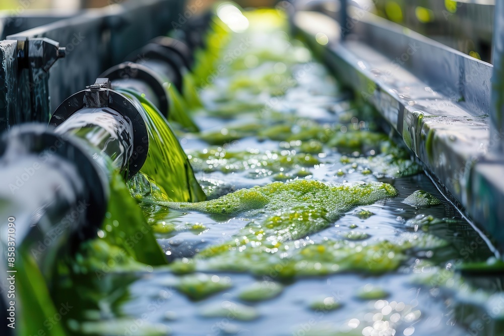 closeup of wastewater treatment system for recycling water in algae ...