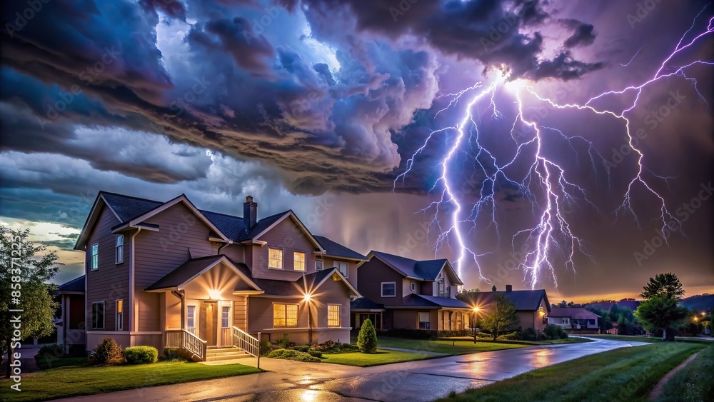 Lightning storm striking over a suburban house at evening, illuminating ...