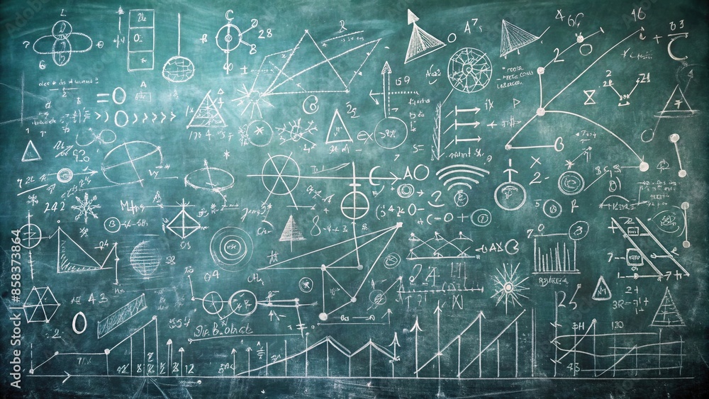 Mathematical symbols and physics equations on a chalkboard, creating an ...