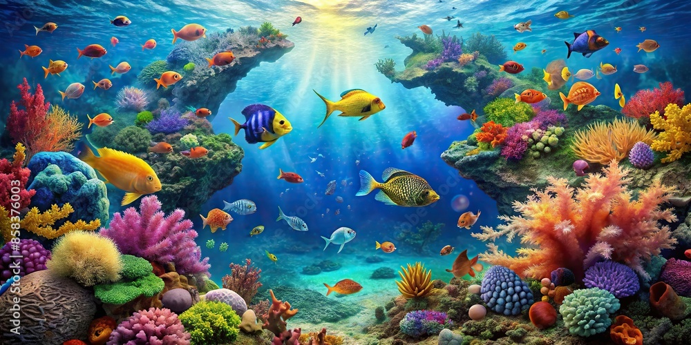 Aquarium world map underwater scene with colorful fish and vibrant ...