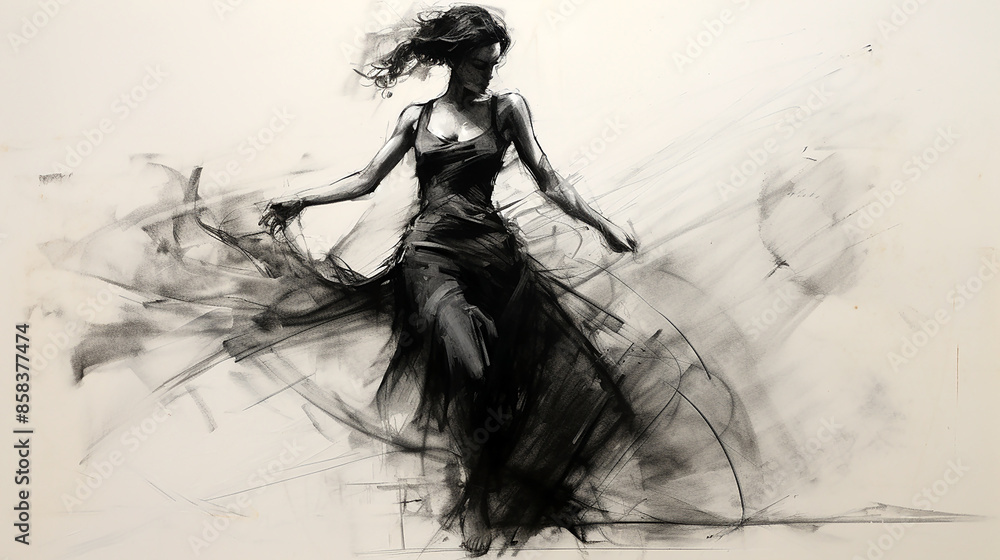 wide entertainment banner, black and white illustration charcoal pencil ...