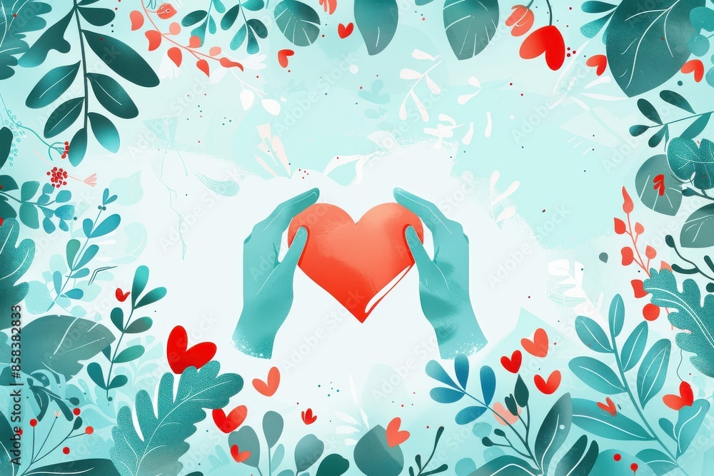 Border design with a heart in hands graphic, isolated on a light blue ...