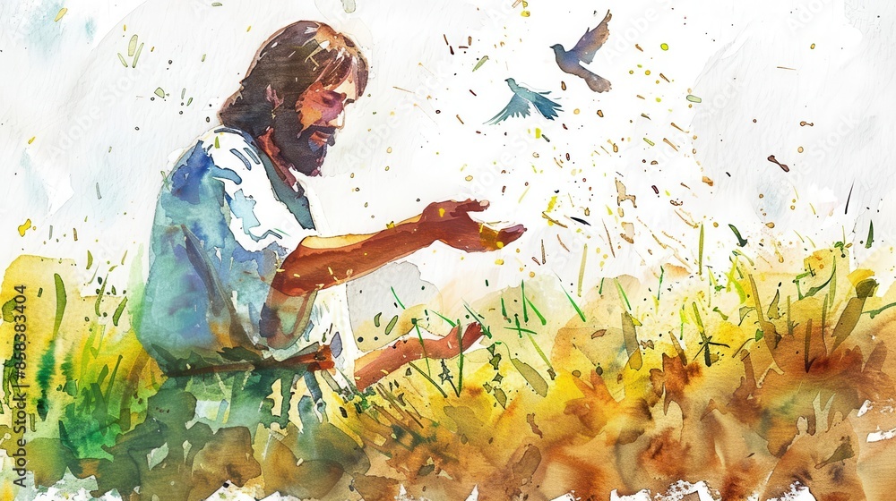 jesus christ teaching the parable of the sower scattering seeds ...