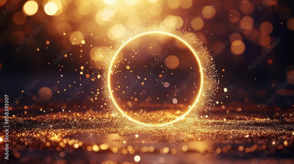 magical golden glitter circle with sparkling light particles and lens ...