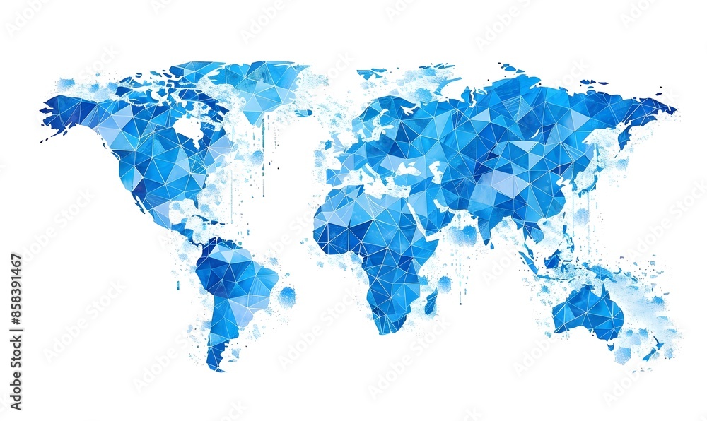 Vector illustration of world map made from blue triangles on a white ...