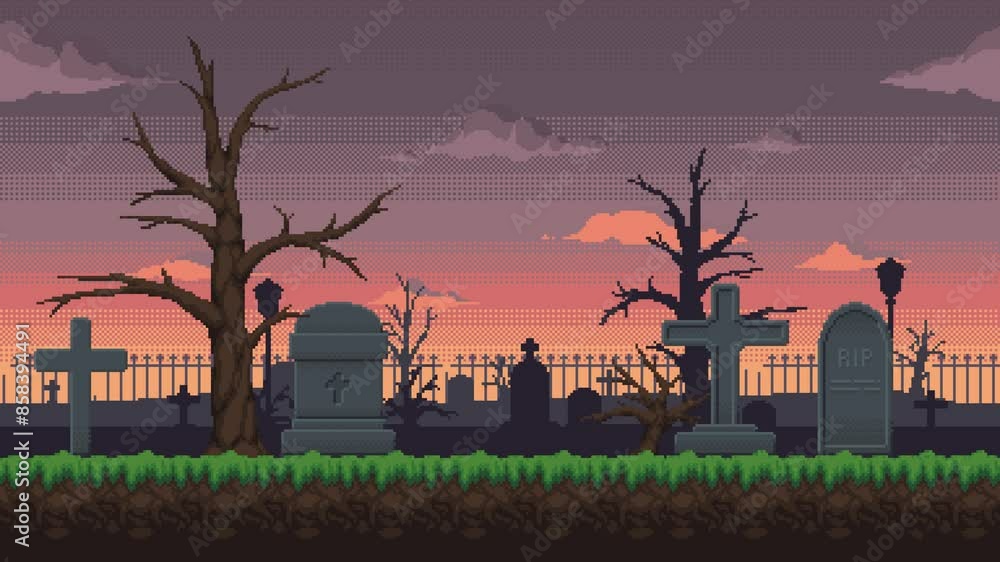 Animated pixel art graveyard background. Animation of 2d pixel video ...