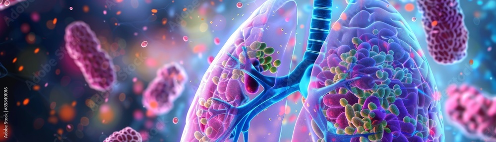 Colorful illustrative bacteria within human lung tissue; respiratory ...
