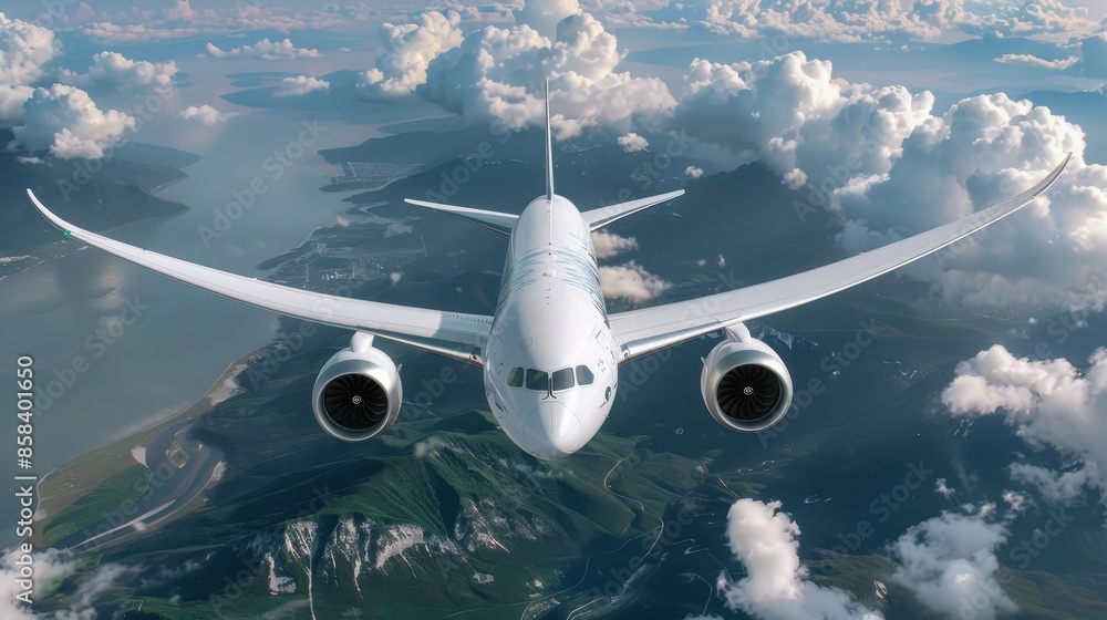 Commercial airliner in mid-flight above a landscape of mountains and ...