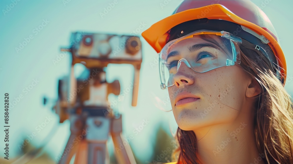 A close-up image of a young woman wearing a hardhat and safety goggles ...