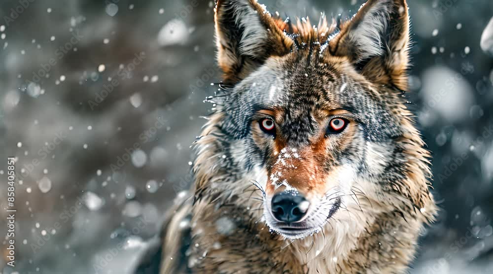 intense redeyed canis lupus wolf in the snowy wilderness, displaying ...