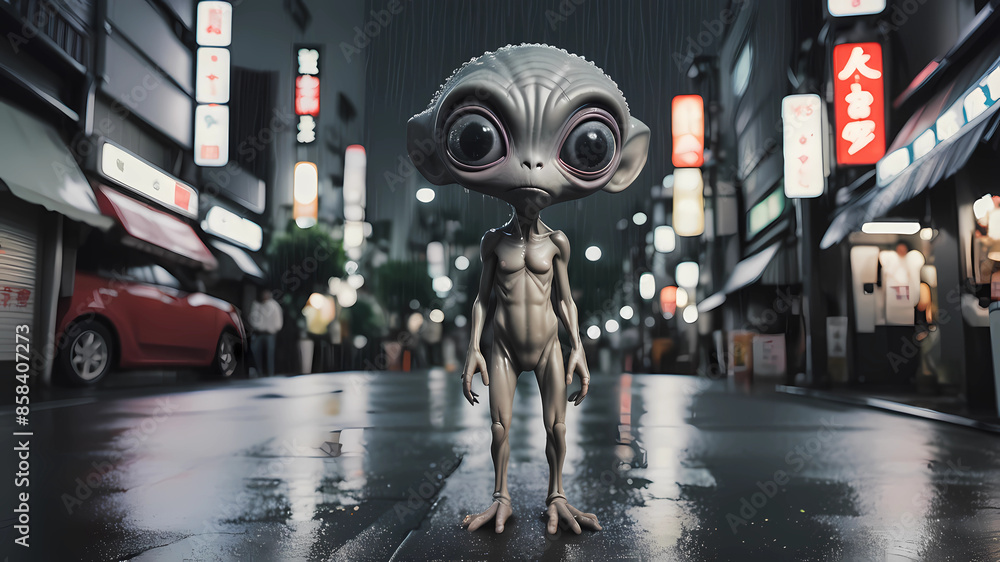 very cute, realistic grey alien standing in the street of Tokyo ...