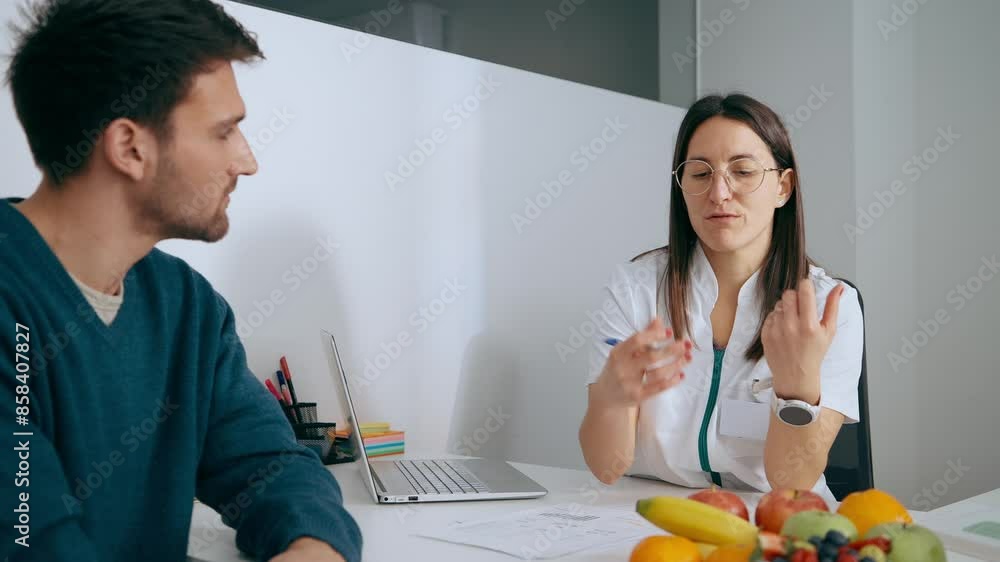 Video of beautiful young nutritionist woman explaining to her patient ...