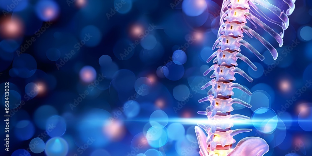 Anatomy illustration of human spine against a dark blue backdrop ...