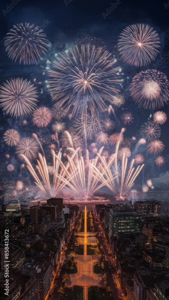 aerial view of a bustling city illuminated by a grand fireworks display ...