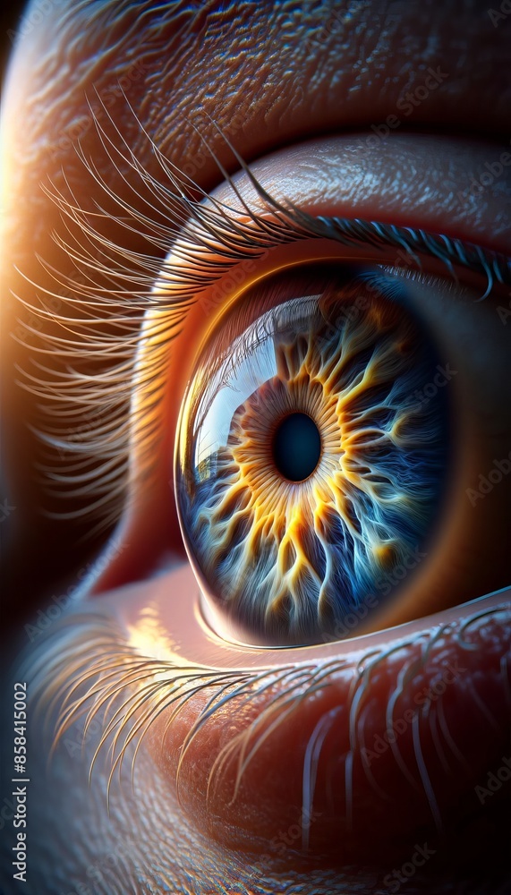 highly detailed close-up of a human eye with vibrant blue and yellow ...