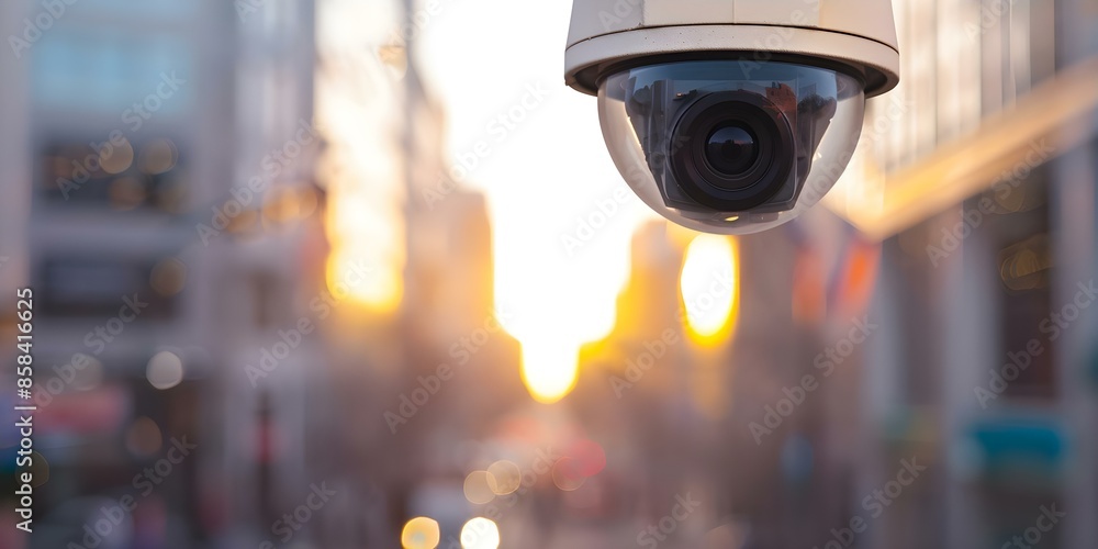 Vigilant security camera monitoring a vibrant city street during golden ...