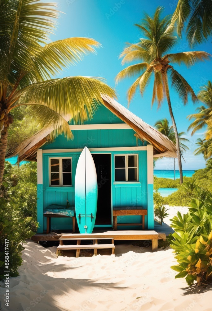 surfboard leaning beach shack tropical summer coastal scene, paradise ...