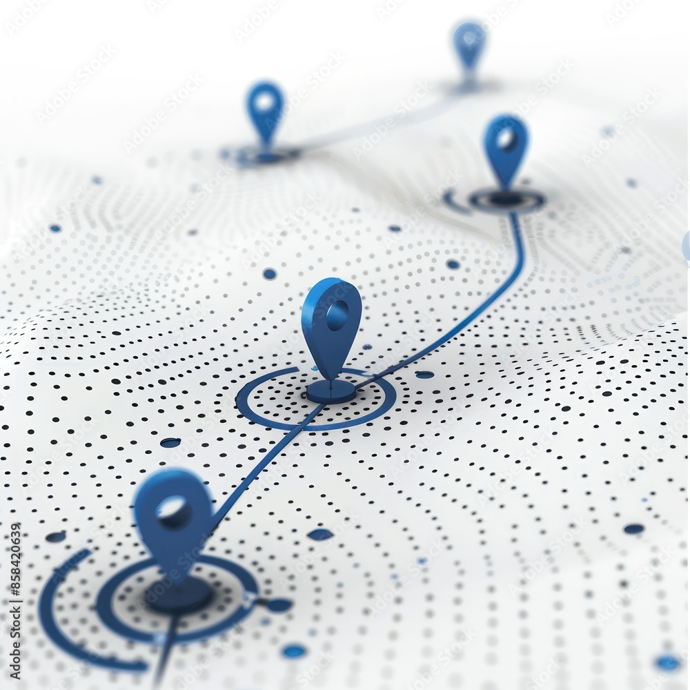 Abstract 3D illustration of a dotted map with blue location markers and a connected path ...