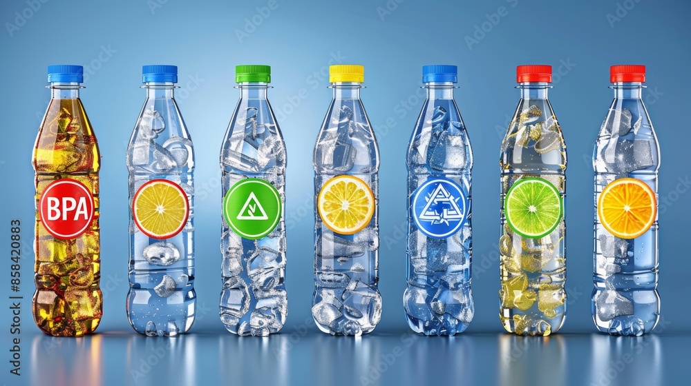 Plastic bottles with BPA labels emphasizing health risks and potential ...
