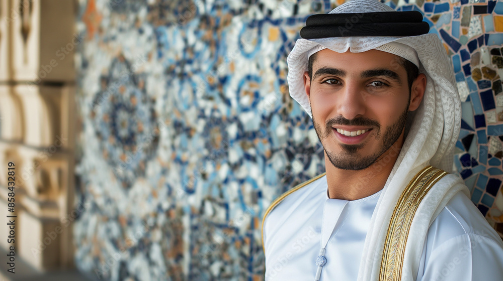 Dressed in traditional Arabic outfit, a standing and dynamic Arabic ...