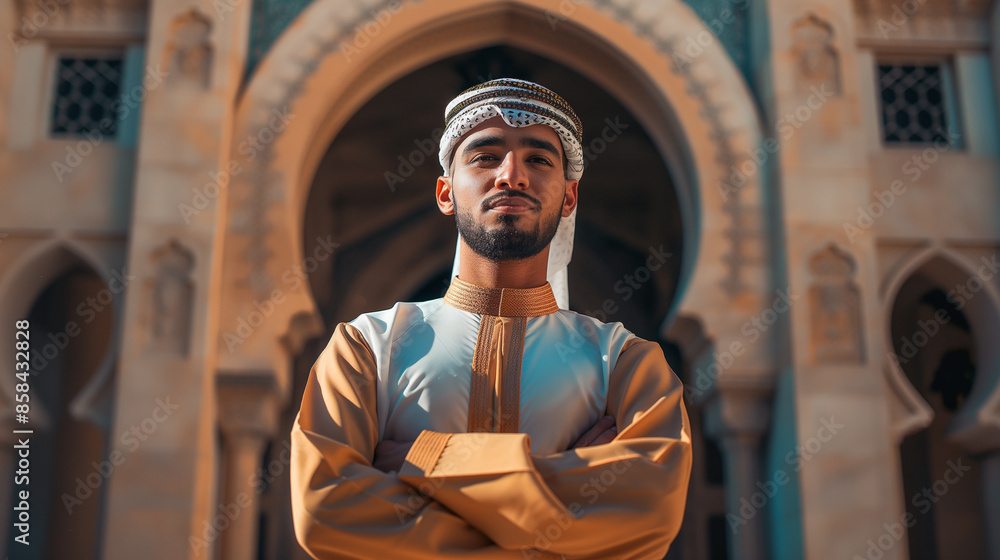 Dressed in traditional Arabic outfit, a standing and dynamic Arabic ...
